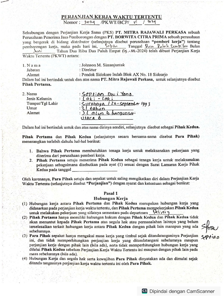 PKWT Septian Dwiyono 2024 | PDF