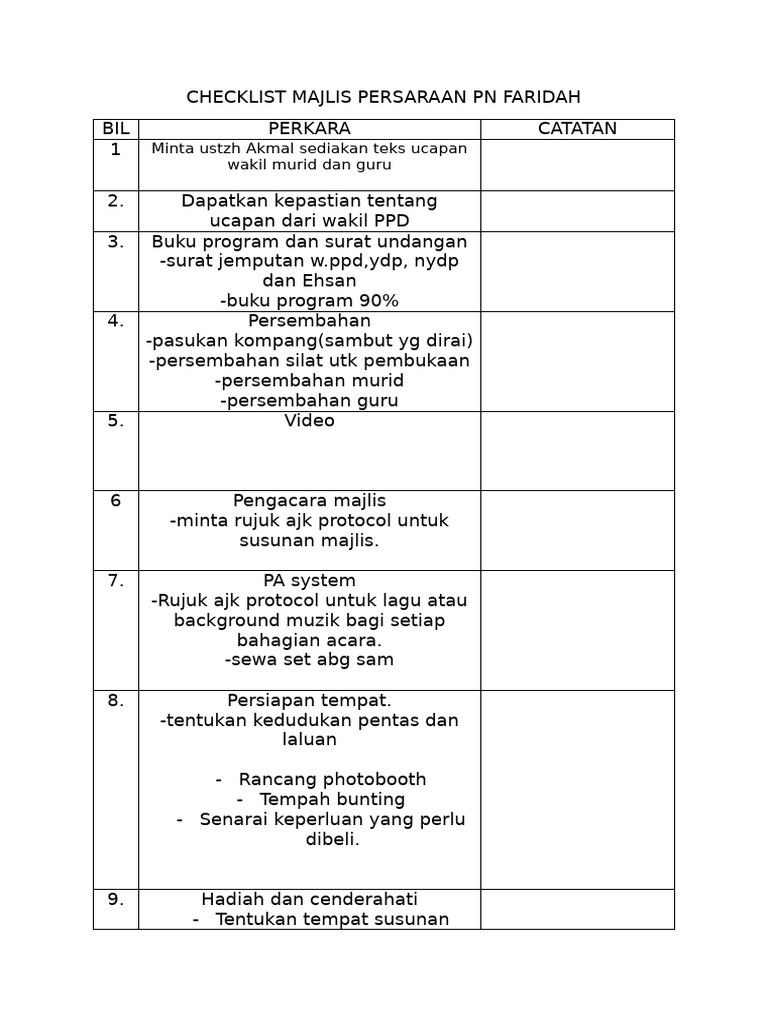 Checklist Majlis Persaraan PN Faridah | PDF