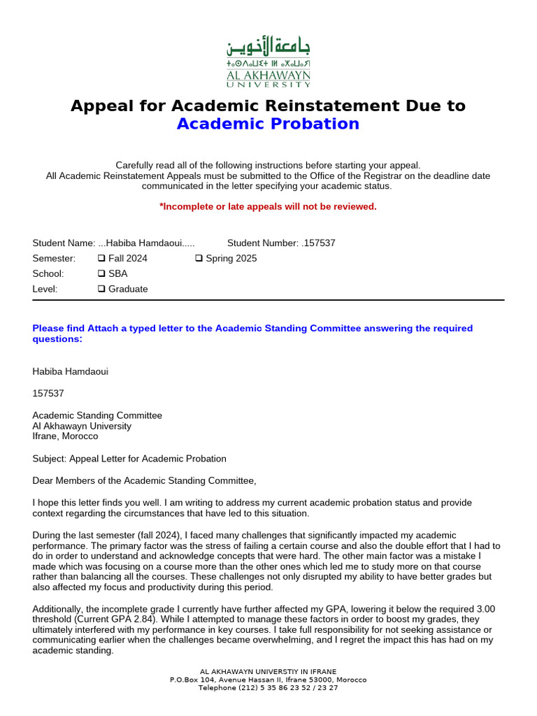 Academic Probation Appeal Letter | PDF