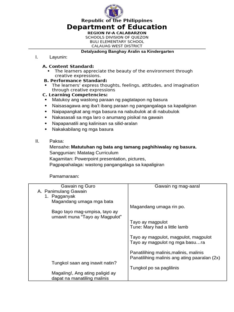 Detalyadong Banghay Aralin Sa Kindergarten | PDF