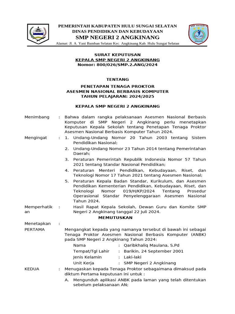 Contoh SK Proktor ANBK 2024 + Surat Tugas | PDF