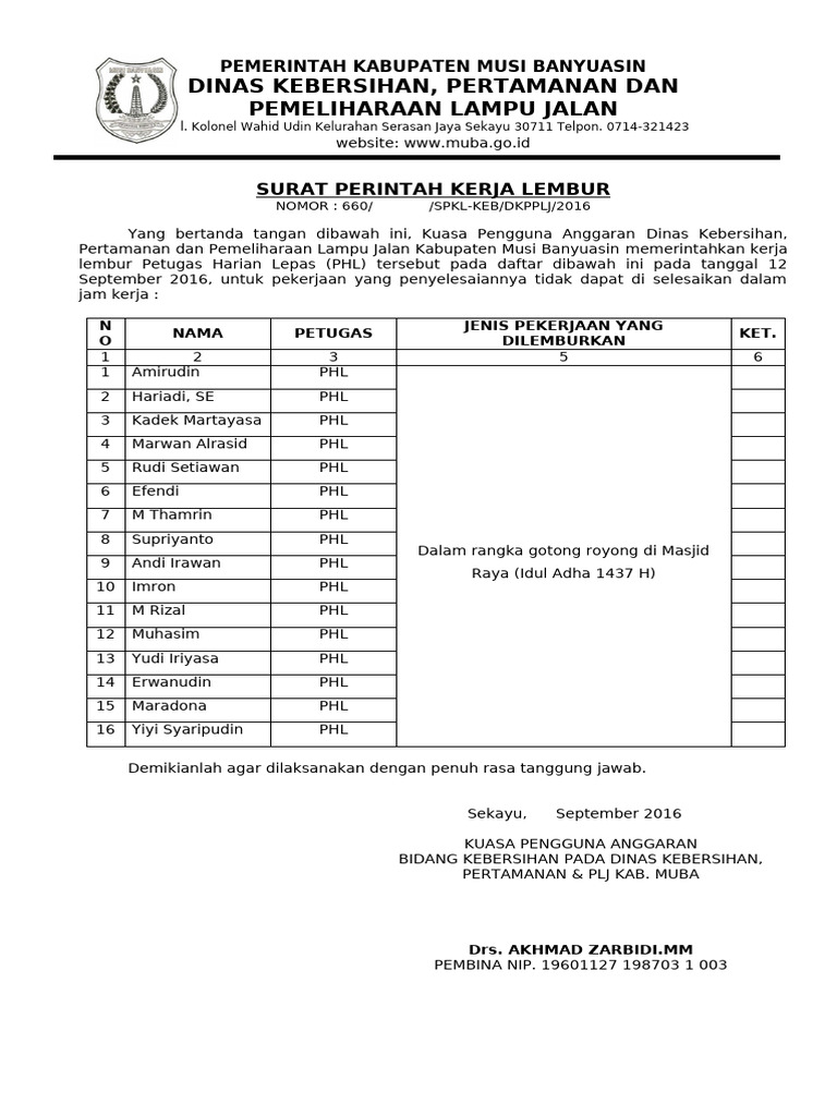 Surat Perintah Kerja Lembur PHL | PDF