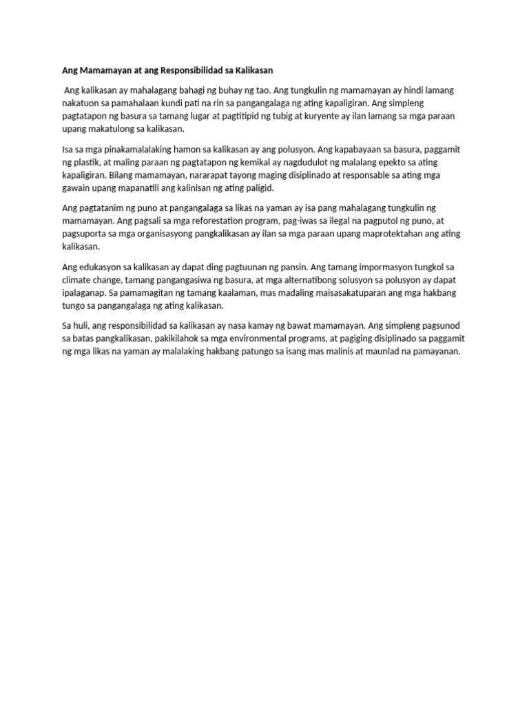 Ang Mamamayan at Ang Responsibilidad Sa Kalikasan | PDF