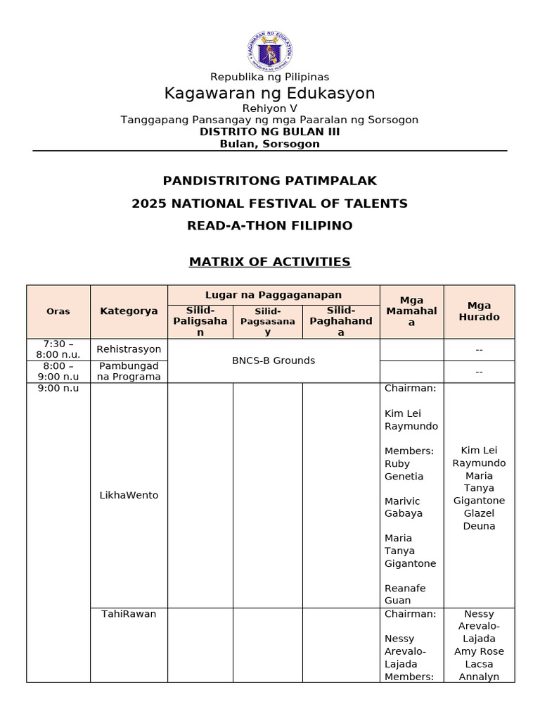 2025 Matrix of Activities - Reading Month | PDF