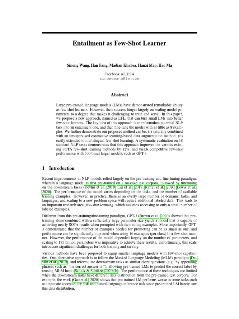 Entailment As Few-Shot Learner: Sinong Wang, Han Fang, Madian Khabsa ...