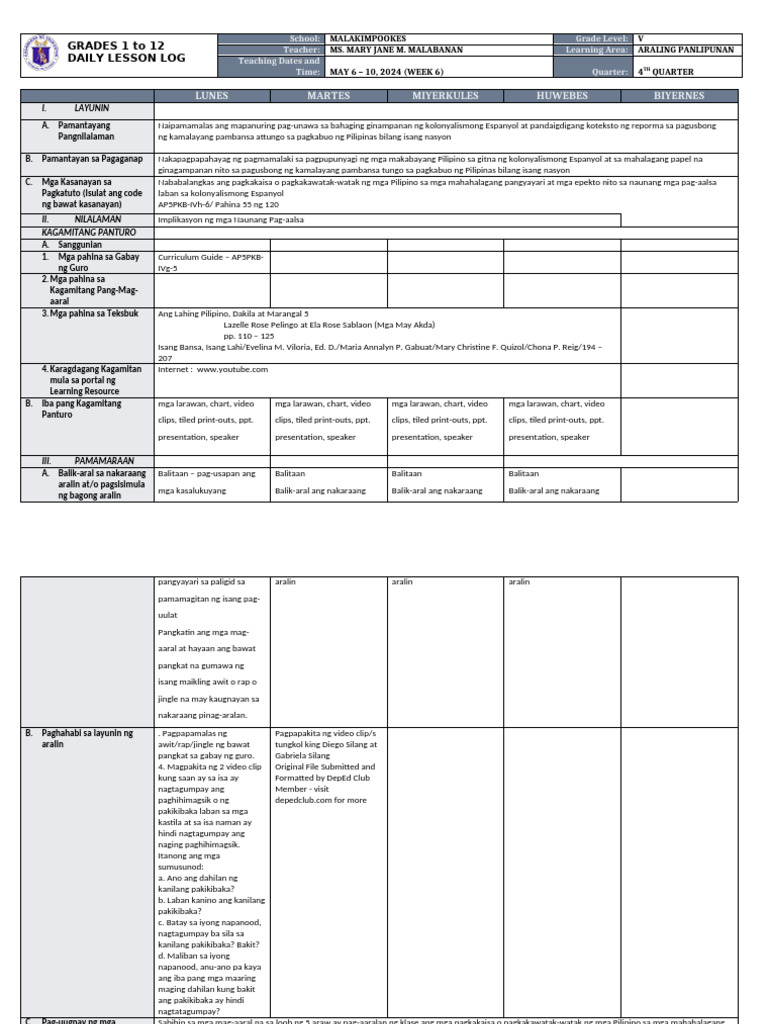 DLL_ARALING PANLIPUNAN 5_Q4_W6 | PDF