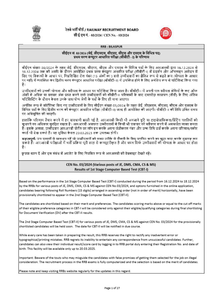 RRB Bilaspur Result | PDF