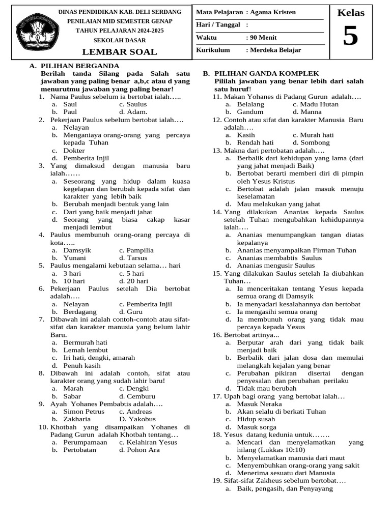 SOAL MID SEMESTER GENAP KLS 5 Tahun 2025 | PDF