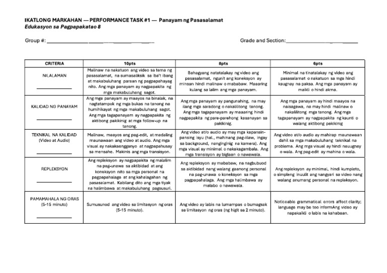 EsP 8 Q3 Performance Task 1 Panayam NG Pasasalamat | PDF
