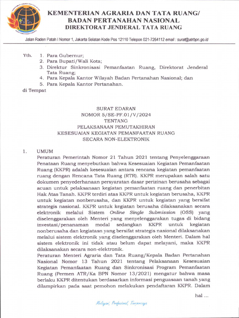 Surat Edaran Pelaksanaan Pemutakhiran KKPR Secara Non Elektronik | PDF