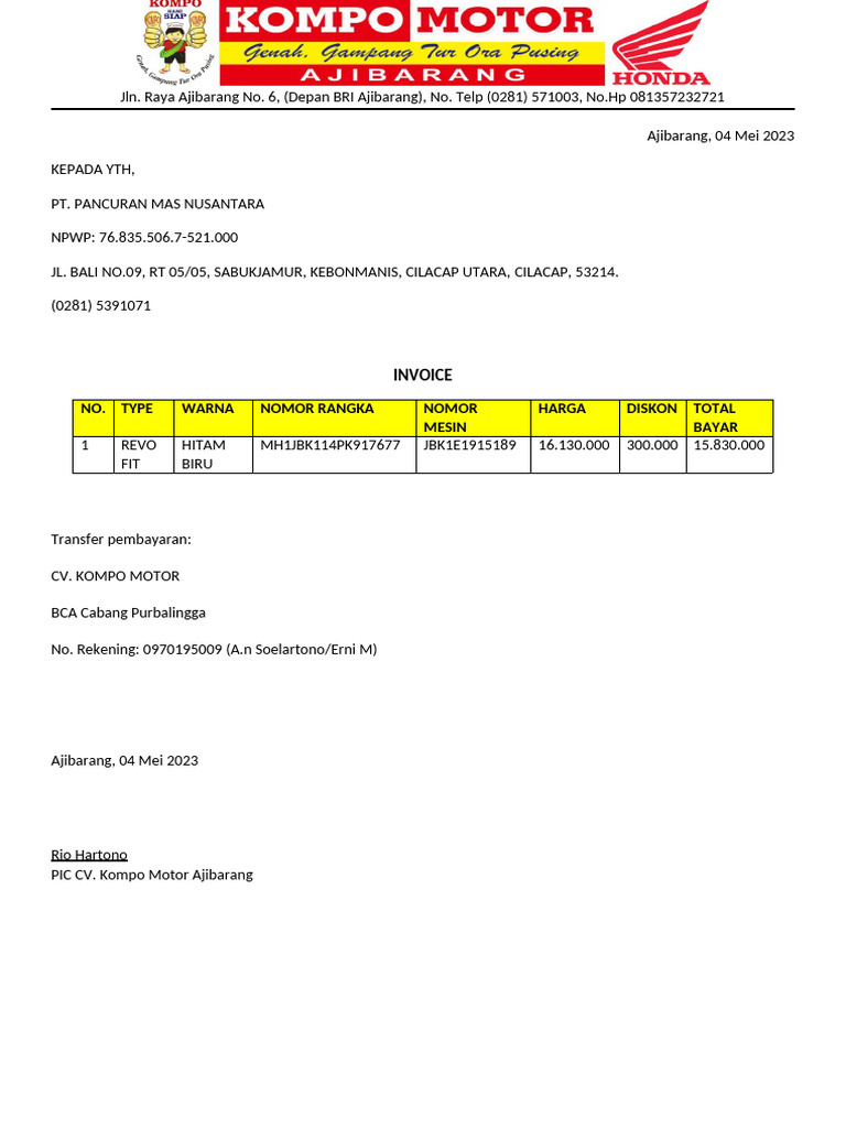 Invoice PT Pancuran Mas Nusantara | PDF