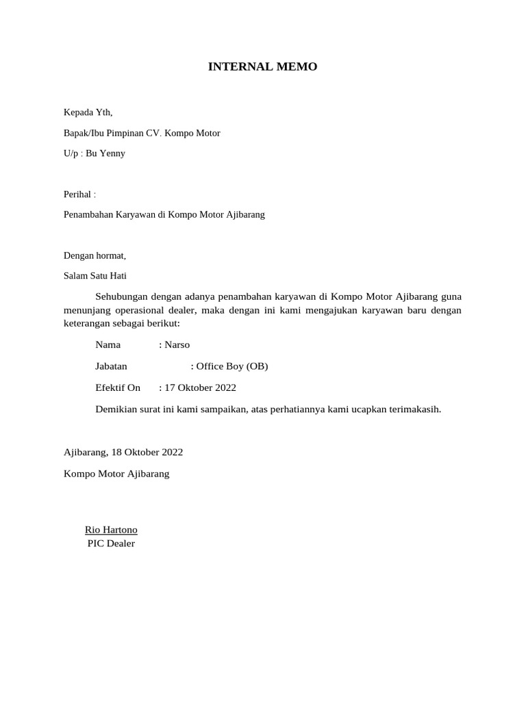 Internal Memo Karyawan Baru | PDF
