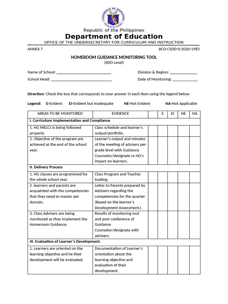 Homeroom Guidance Monitoring Tool | PDF | Curriculum | Learning