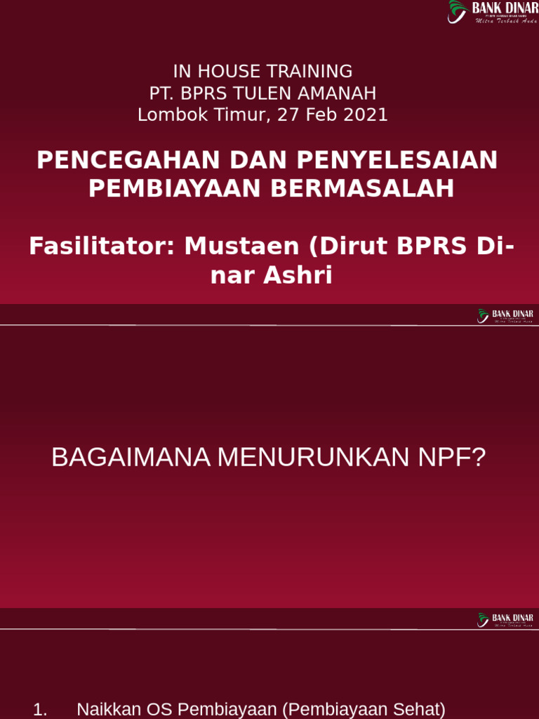 Penurunan NPF, Pencegahan Dan Penyelesaian Pembiayaan Bermasalah | PDF