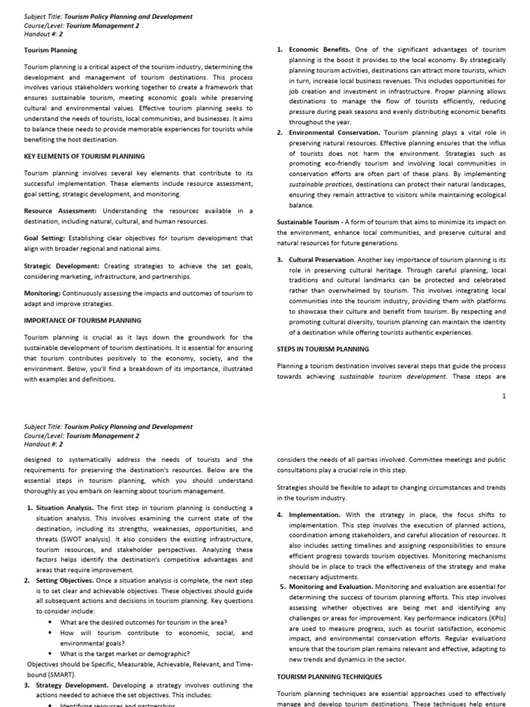 Tourism Policy Planning Handout #2 | PDF | Tourism | Strategic Management