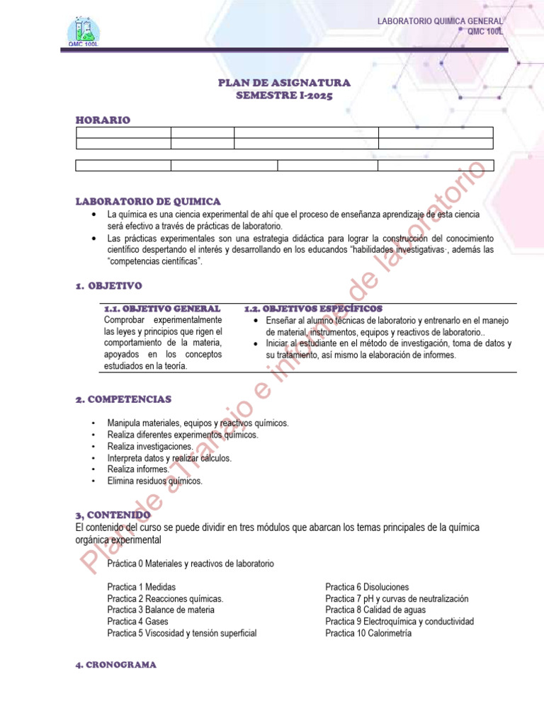 Plan de Trabajo QMC 100L 1 2025 | PDF | Laboratorios | Química