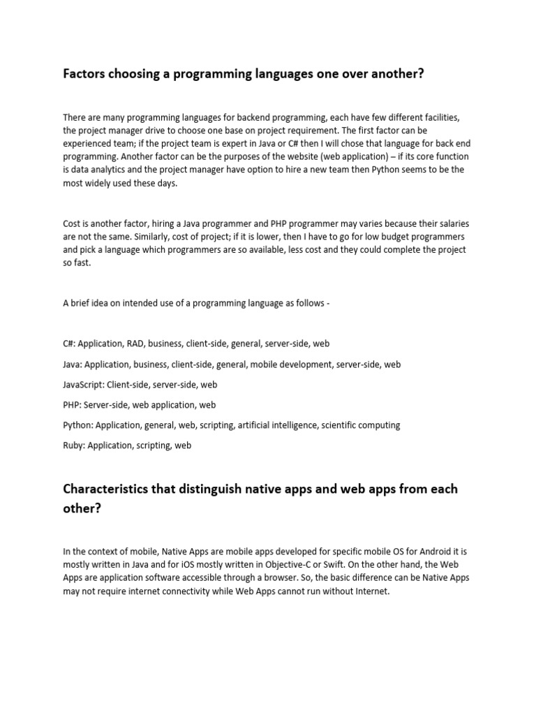 Factors Choosing A Programming Languages | PDF | Mobile App | Web Application