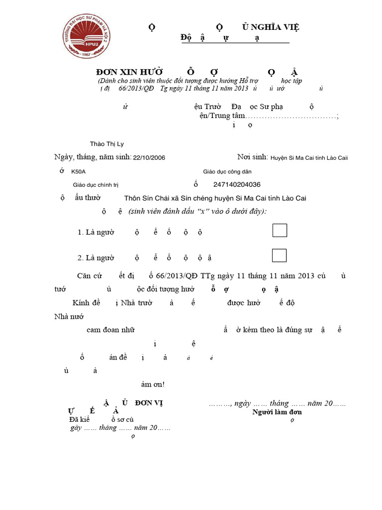 Don Xin Huong Ho Tro Chi Phi Hoc Tap | PDF
