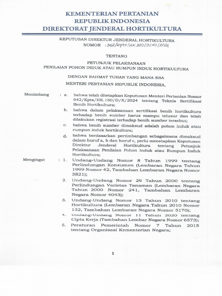 SK Dirjen No. 562 TH 2024 Tentang Juklak Penilaian Pohon Induk | PDF