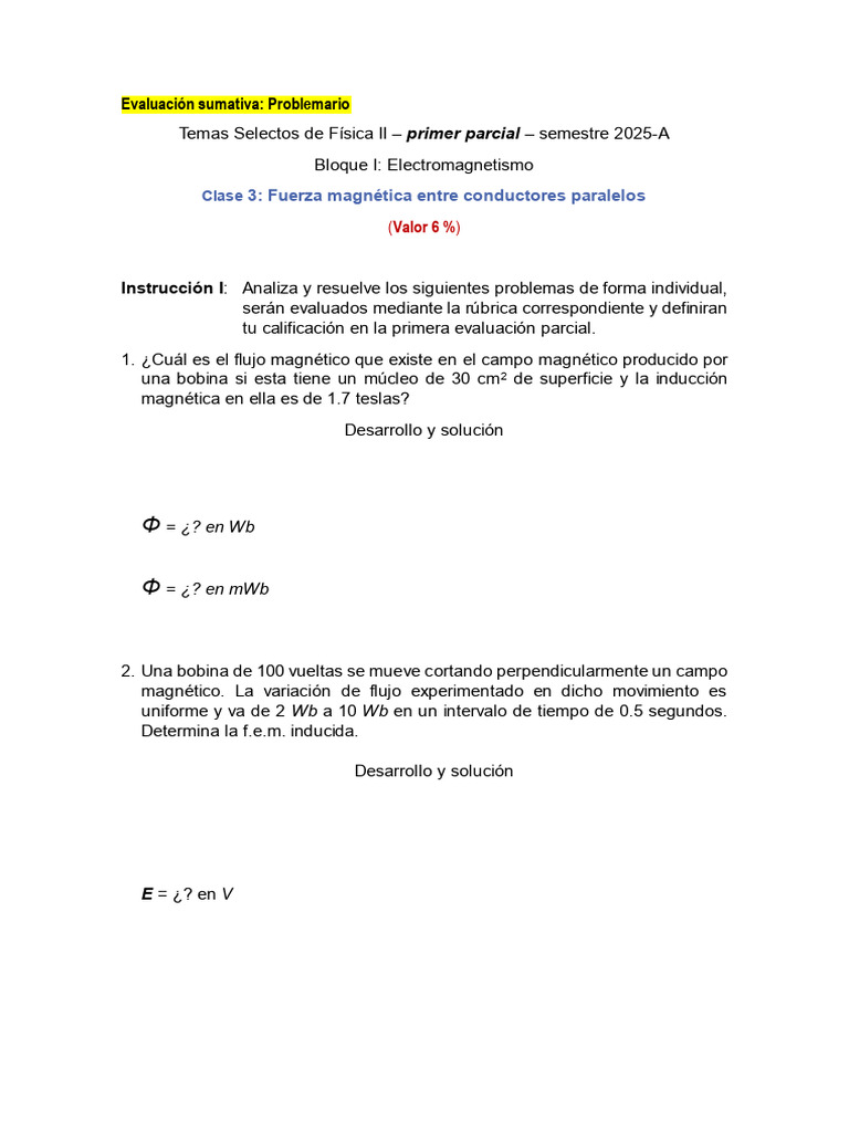Problemario - Clases 3 - Primer Parcial 2025-A - T.S.Física II | PDF