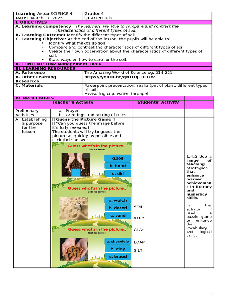 Lesson Plan in Grade 4 Matatag - Curriculum Science 4 | PDF | Soil | Clay