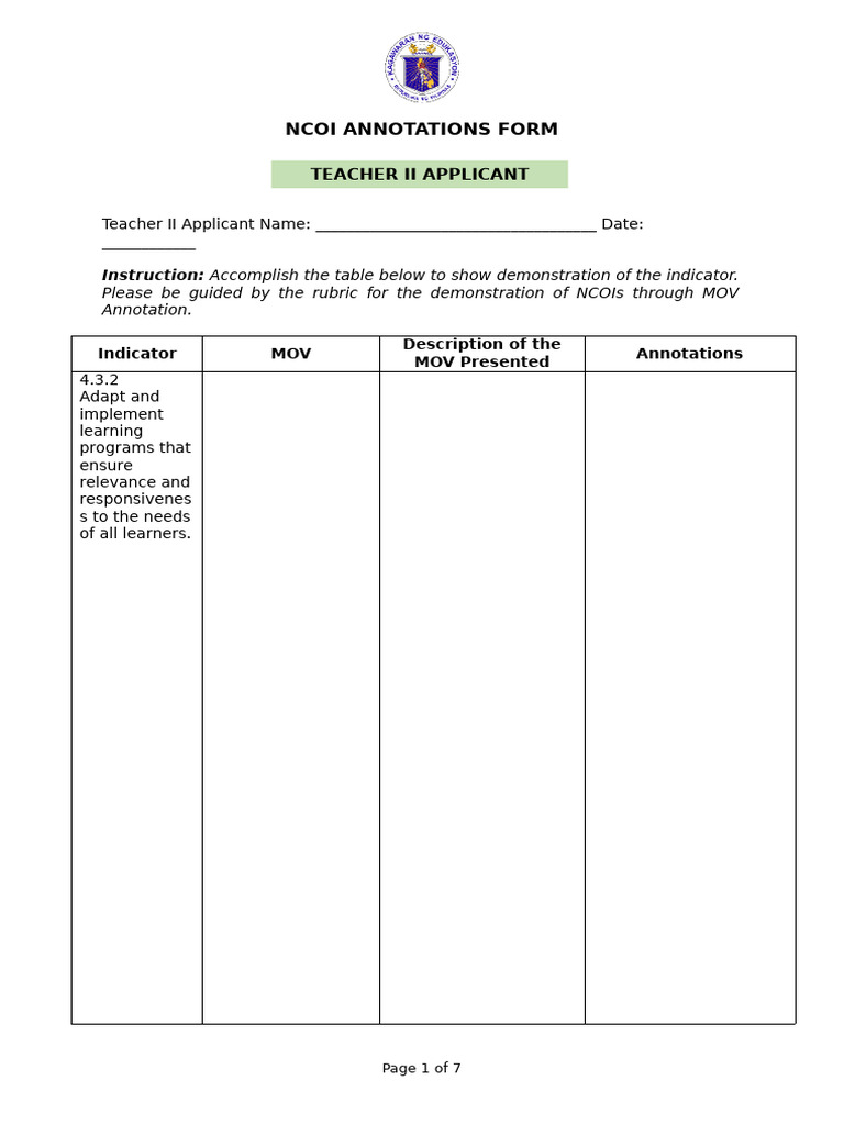 NCOI Annotations Form For Teacher II Applicant | PDF | Teachers | Learning