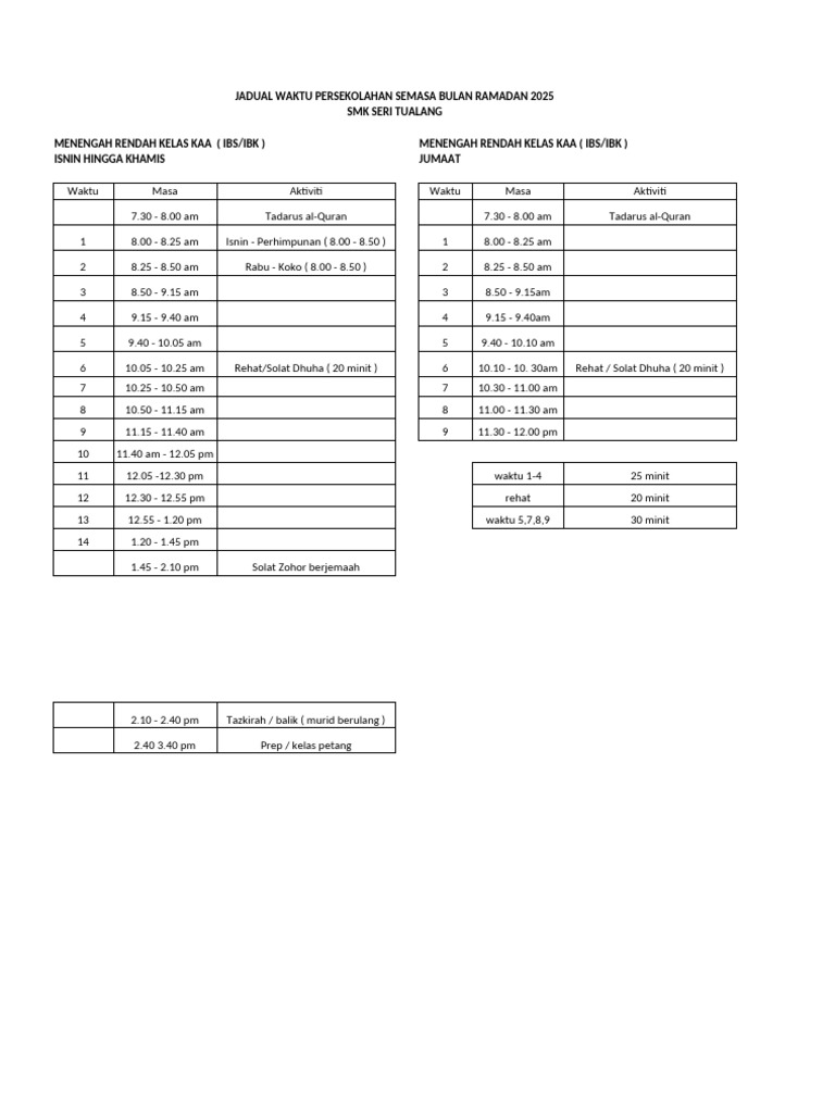 Jadwal Sekolah Ramadan 2025 SMK Seri Tualang | PDF
