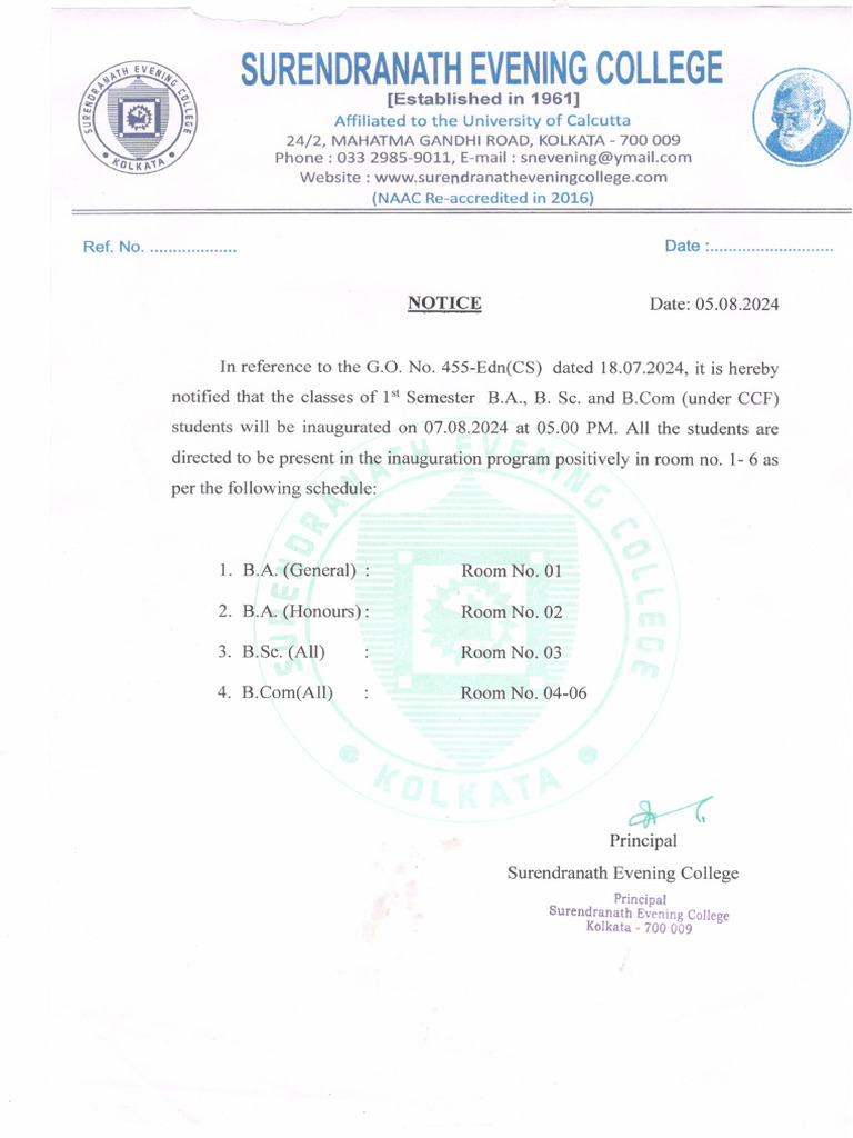 Notice For Classes of 1st Semester B.a.b.sc .B.com .Under CCF | PDF