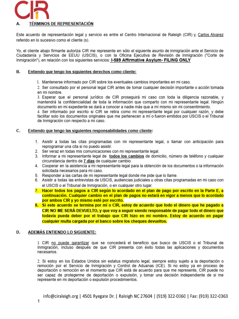 Client Retainer Agreement I-589 Affirmative Asylum - Carlos Josue ...