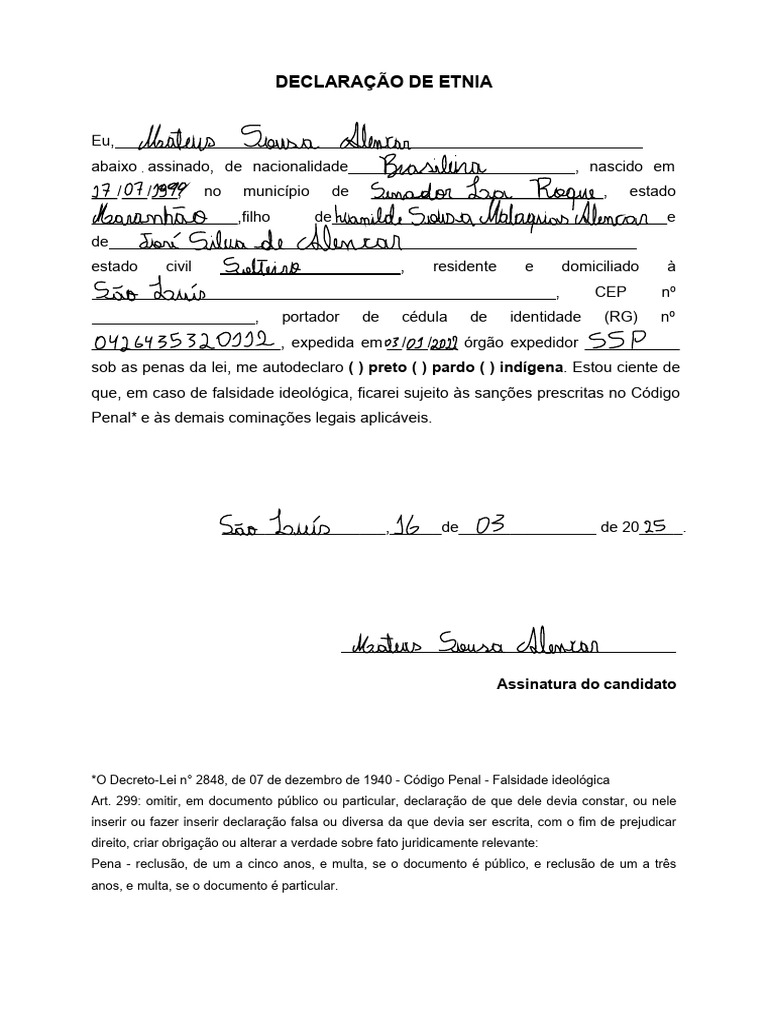Declaracao de Etnia | PDF