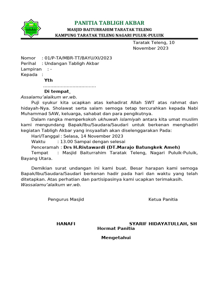 Undangan Tabligh Akbar Masjid Baiturrahim | PDF
