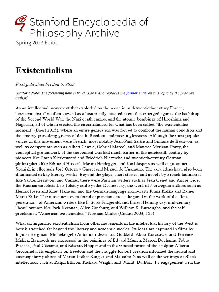Existentialism (Stanford Encyclopedia of Philosophy-Spring 2023 Edition) | PDF | Existentialism ...