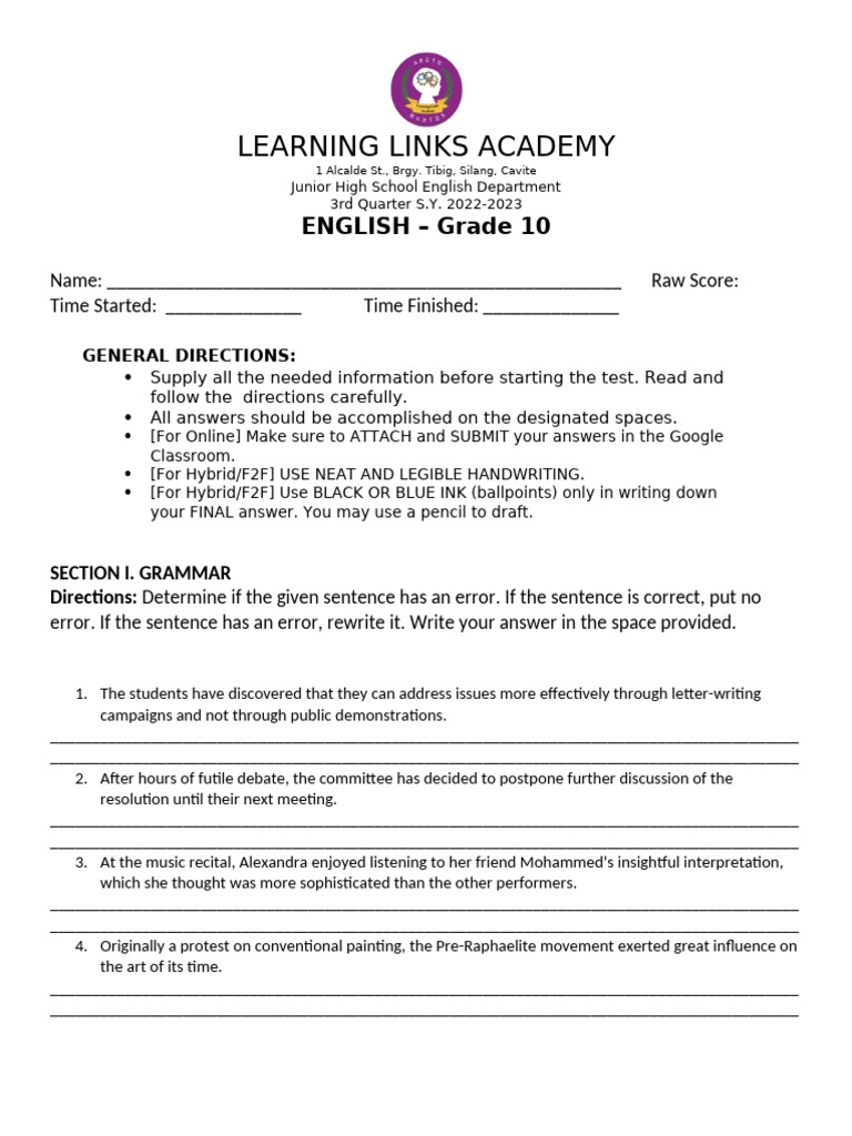 ENGLISH Grade 10 - 3rd Quater Assessment | PDF