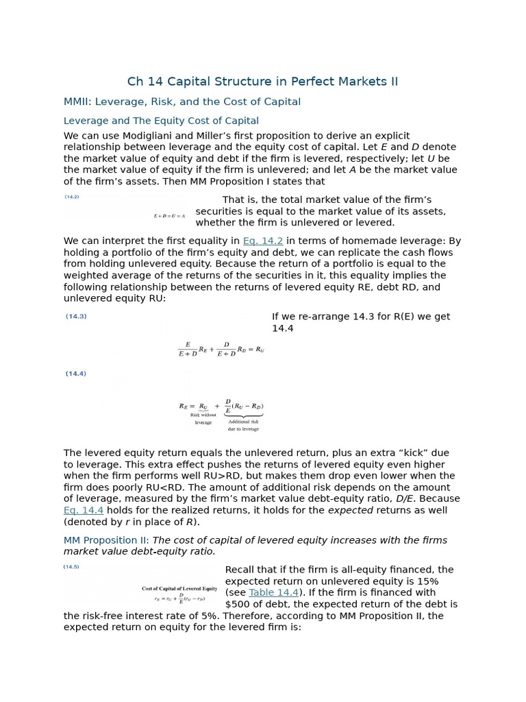 Ch 14 Capital Structure in Perfect Markets II | PDF | Capital Structure | Leverage (Finance)