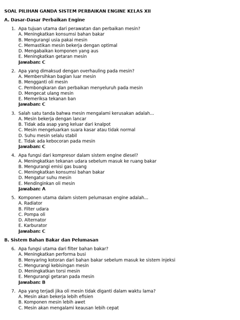 SOAL PILIHAN GANDA SISTEM PERBAIKAN ENGINE KELAS XII TPFL Delta Kunci ...