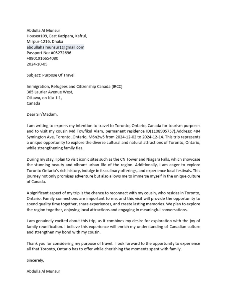 Abdulla Al Munsur Purpose of Travel Letter | PDF