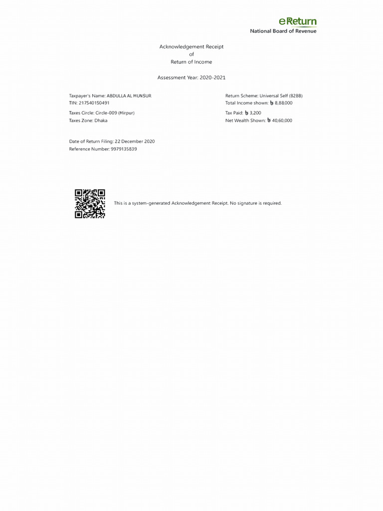 Acknowledgement Receipt for Income Return | PDF