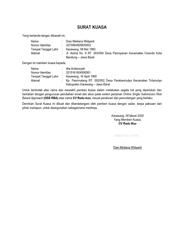 Surat Kuasa Pengurusan Perizinan - Oss Rba | PDF