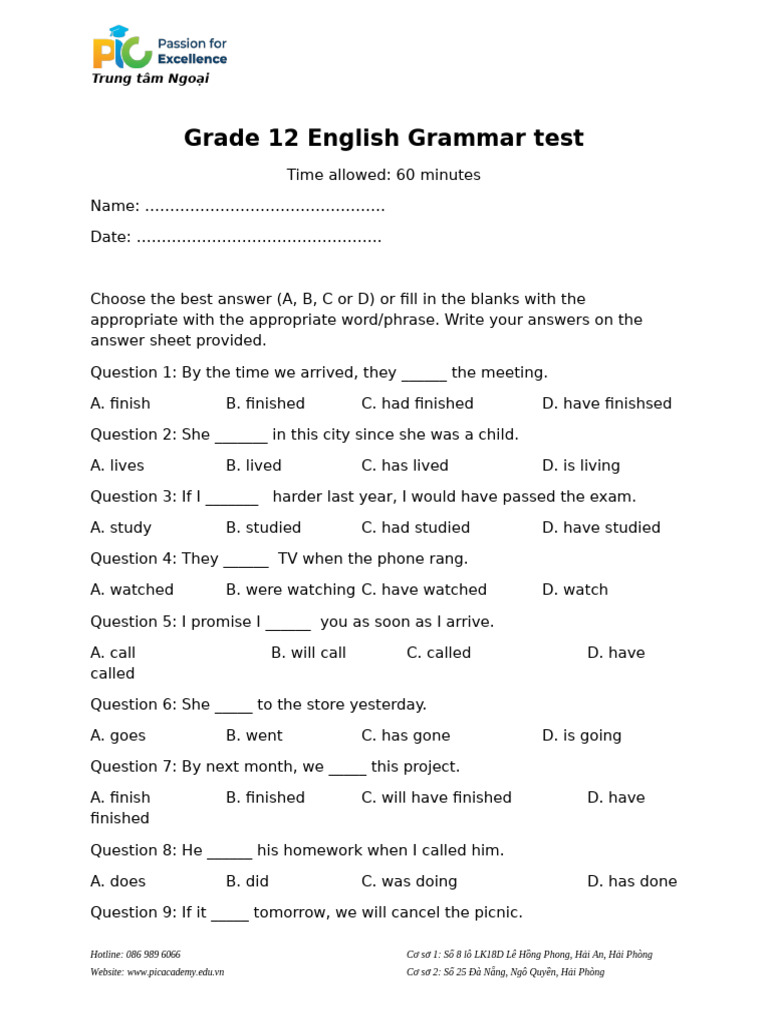 Grade 12 English Grammar Test | PDF | Learning | Linguistics
