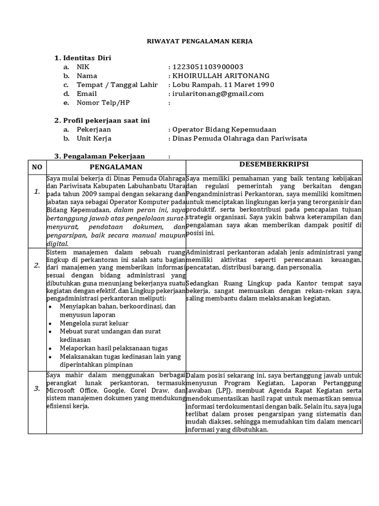 RIWAYAT PENGALAMAN KERJA | PDF
