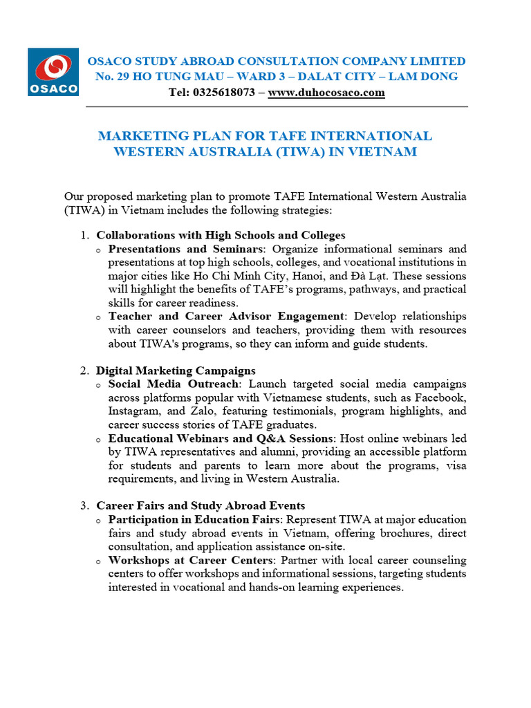 Marketing Plan For Tafe International Western Australia (Tiwa) in Vietnam | PDF | Vietnam ...