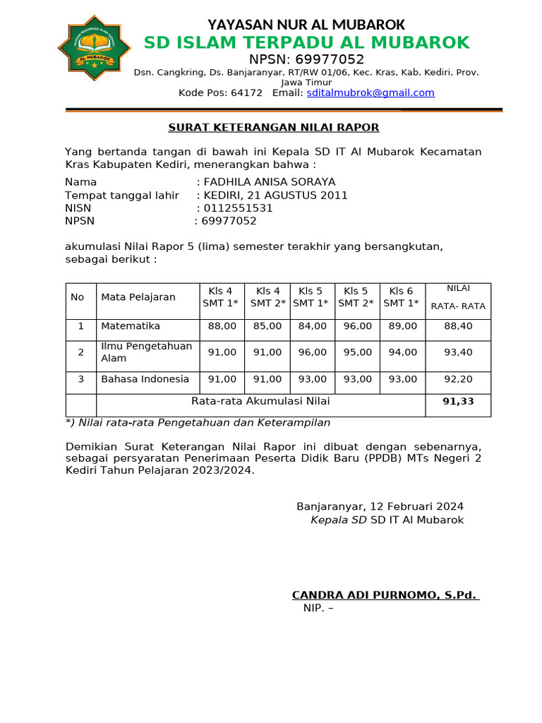 Surat keterangan rapor 2024 | PDF