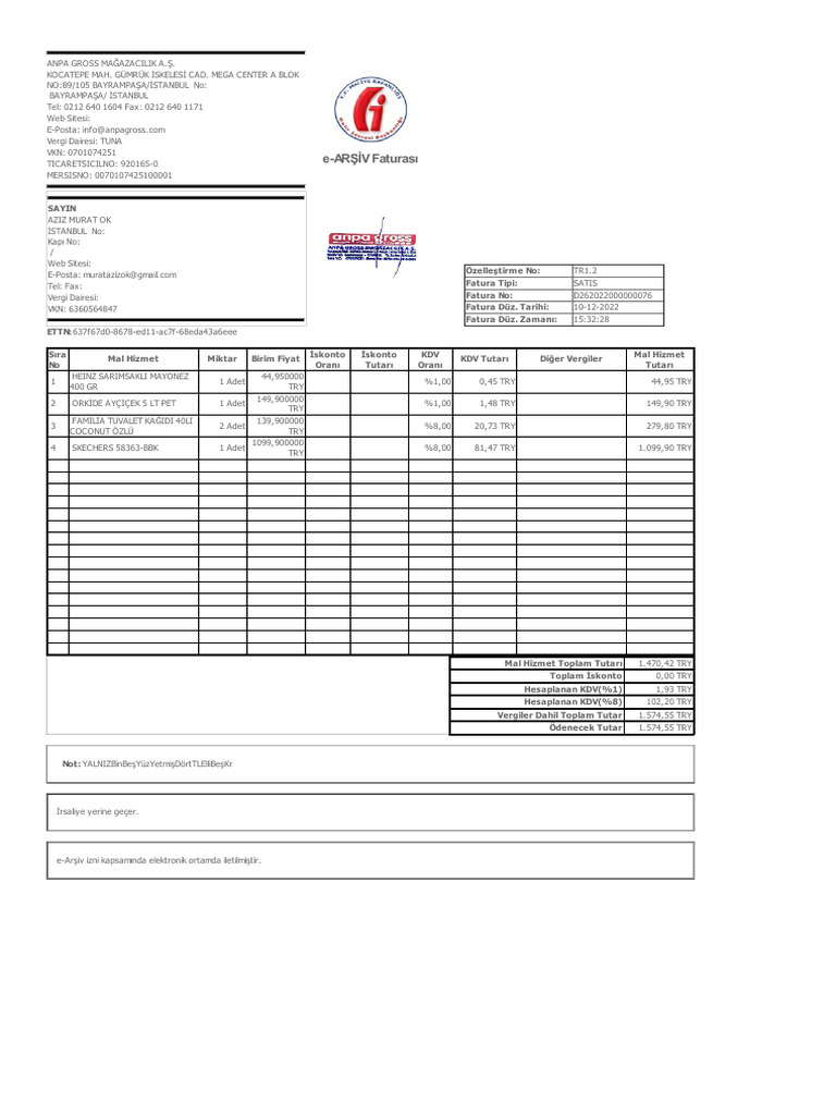 Invoice Aziz Murat Ok D262022000000076 | PDF