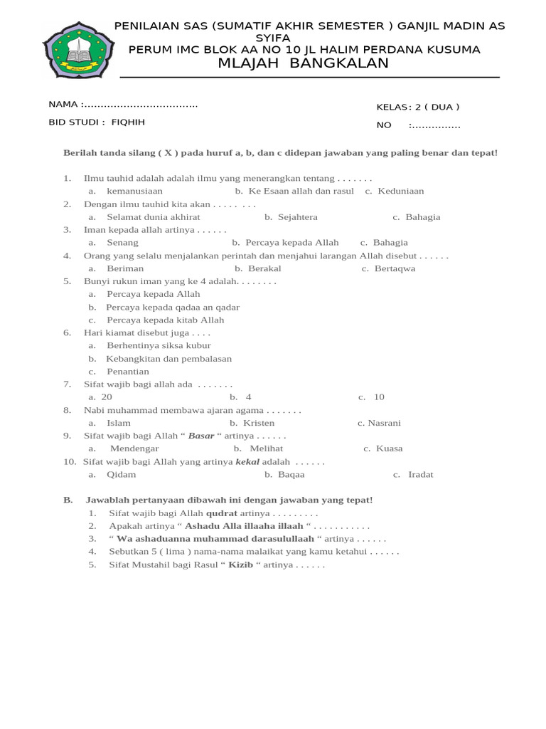 Penilaian Akhir Semester Madin Ganjil | PDF