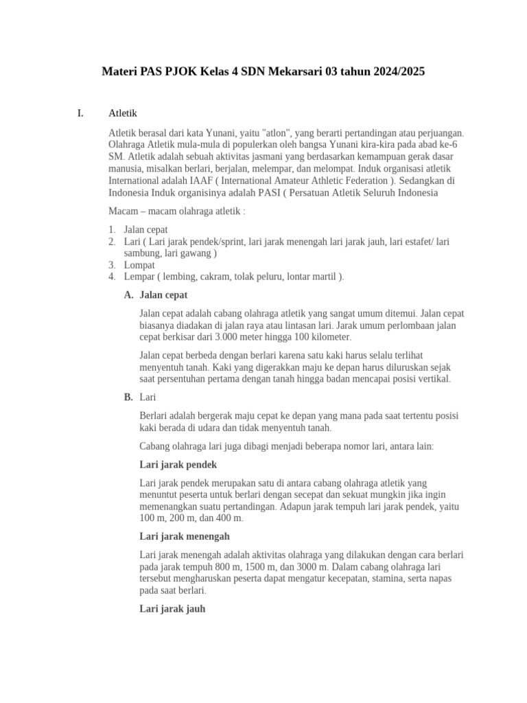 Materi PAS PJOK Kelas 4 SDN Mekarsari 03 tahun 2024 | PDF