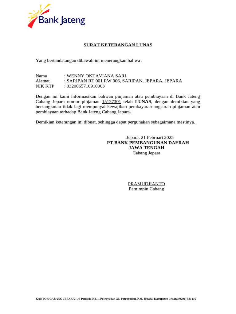 Surat Keterangan Lunas Bank Jateng Jepara | PDF