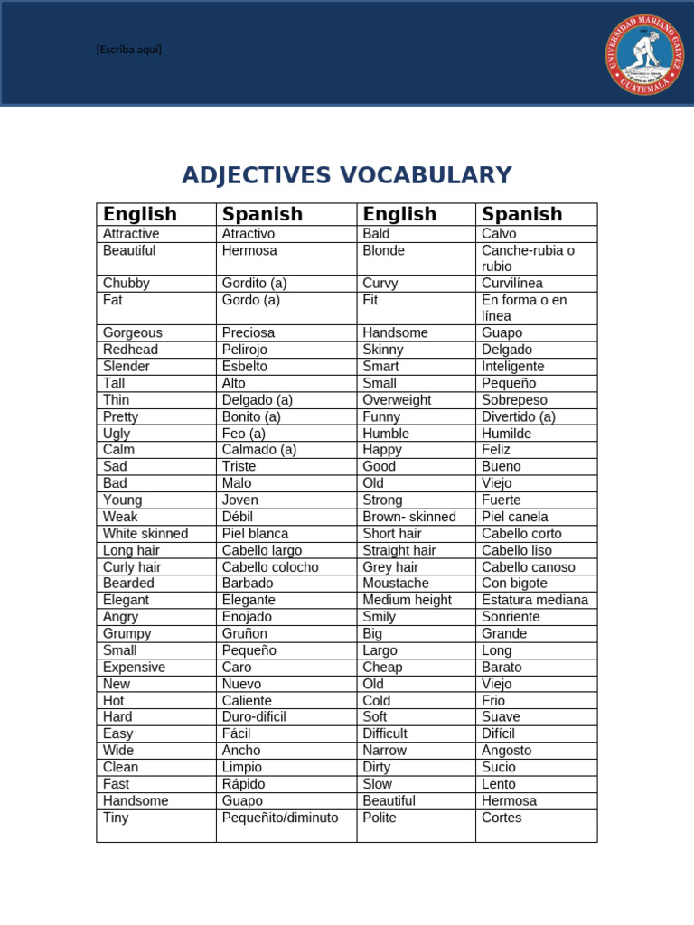 Adjectives Vocabulary | PDF