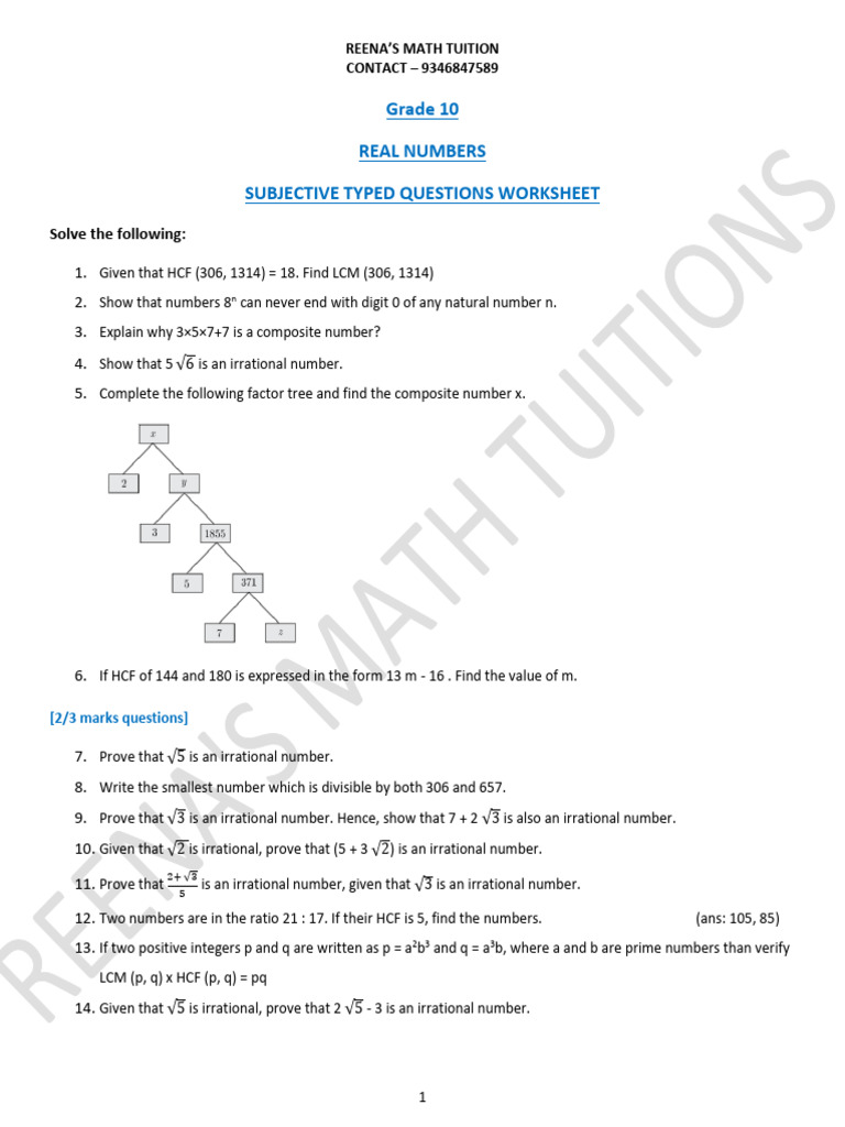 1 - Real Numbers - Subjective WS-CBSE | PDF | Numbers | Mathematics