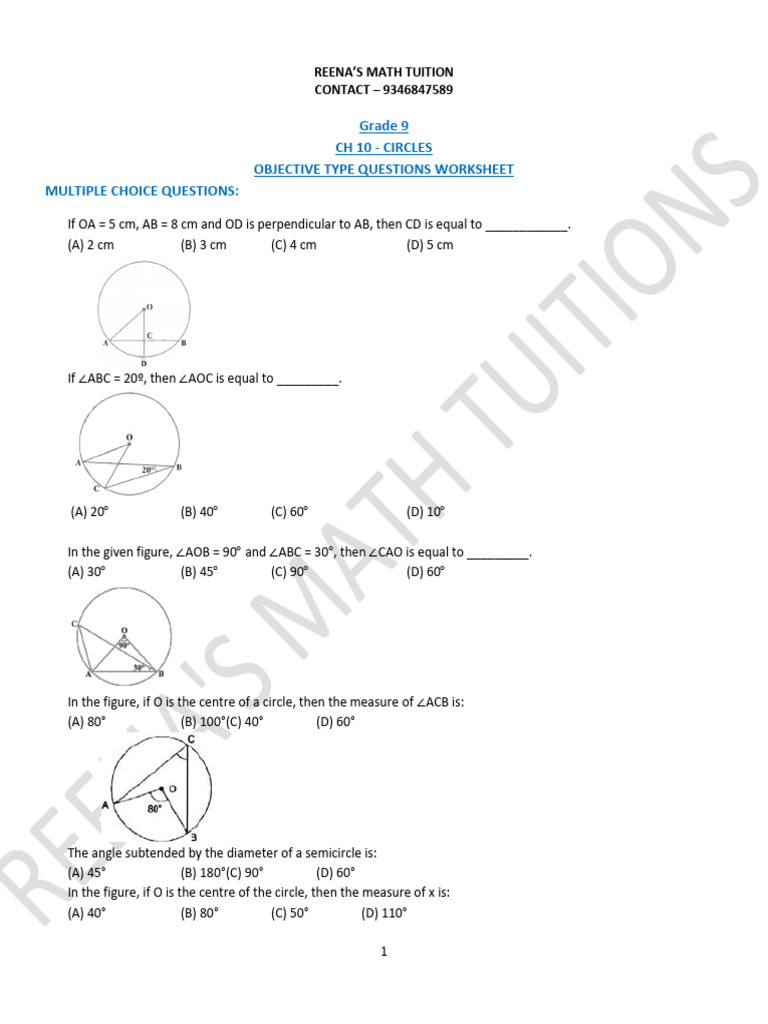 9-Circles Objective WS-CBSE | PDF | Circle | Analytic Geometry