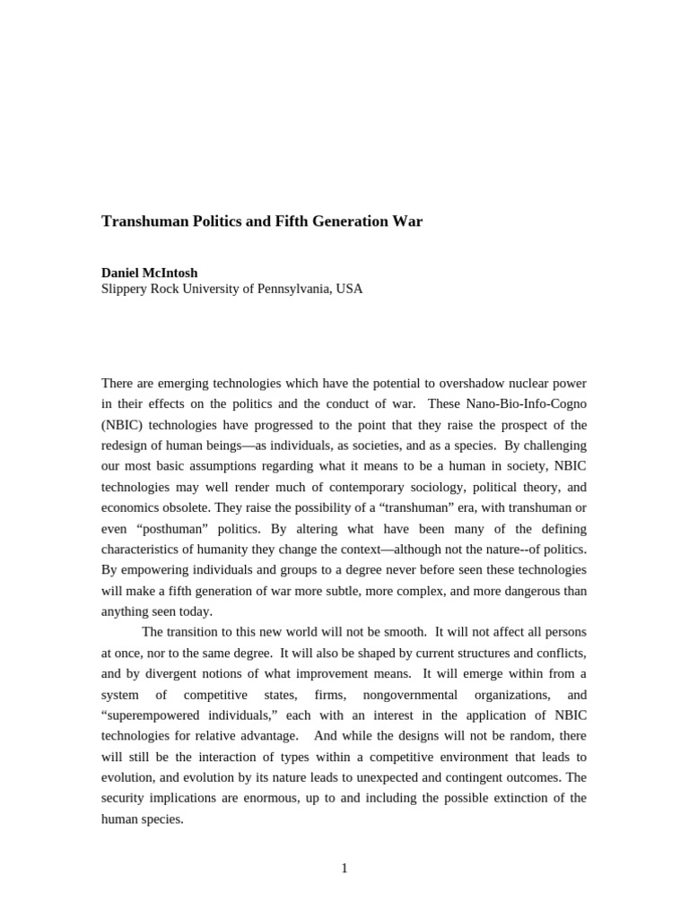 Transhuman Politicsand Fifth Generation War 2009 | PDF | Technological Singularity | Transhumanism